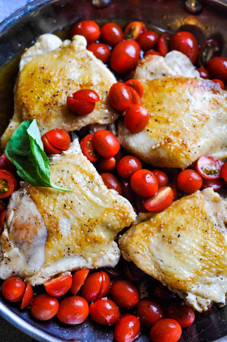 Tomato-Basil Balsamic Chicken Thighs {crispy, juicy, ONE pan wonder}